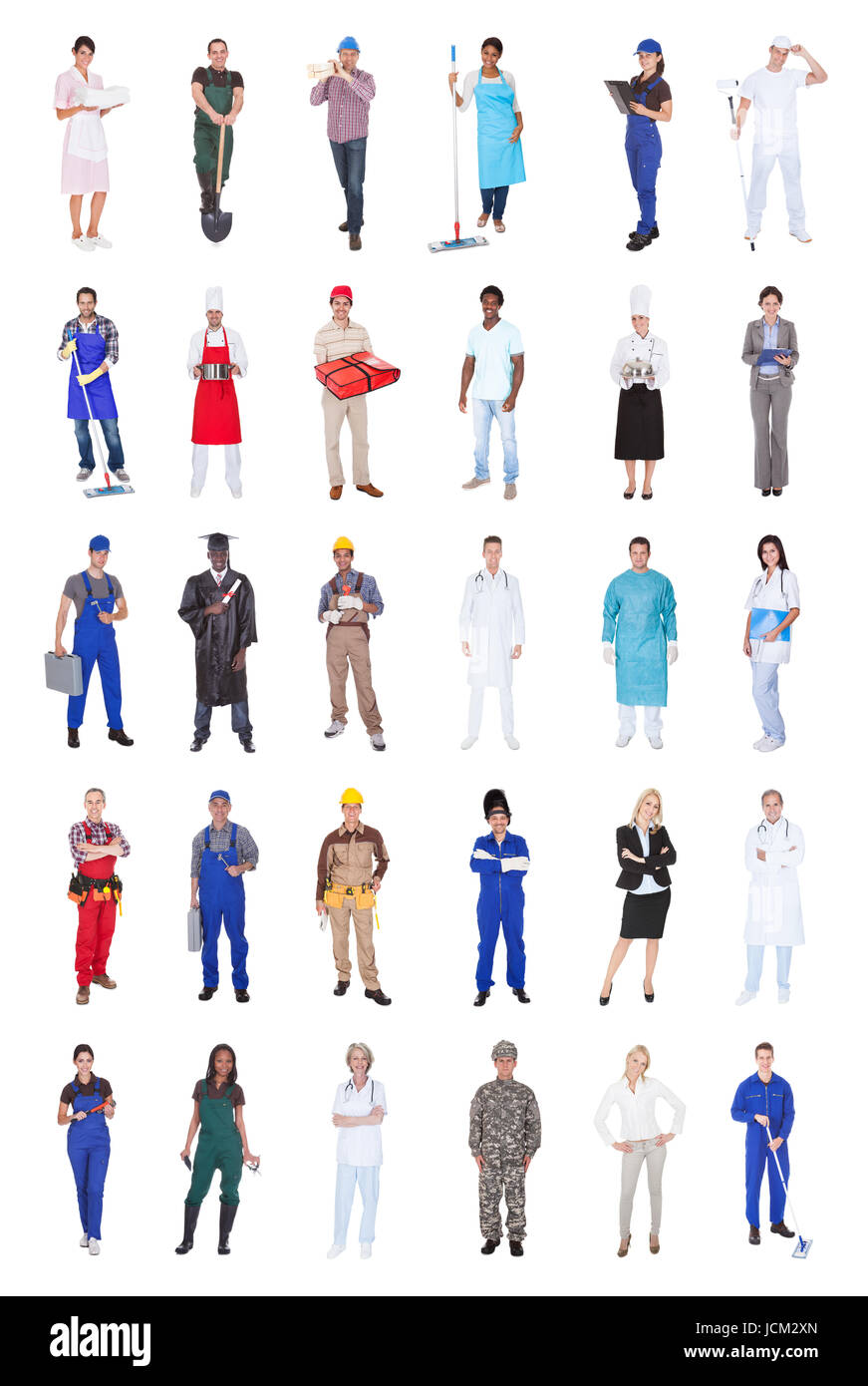 Collage of multiethnic people with various occupations standing against ...