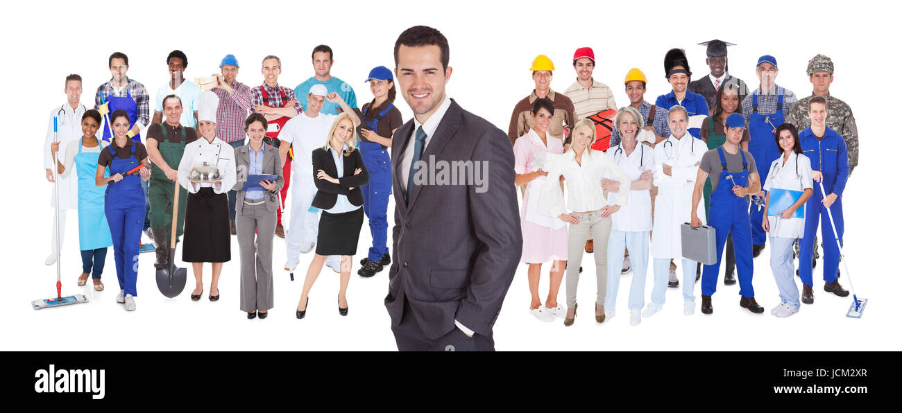 Full length of people with different occupations standing against white ...