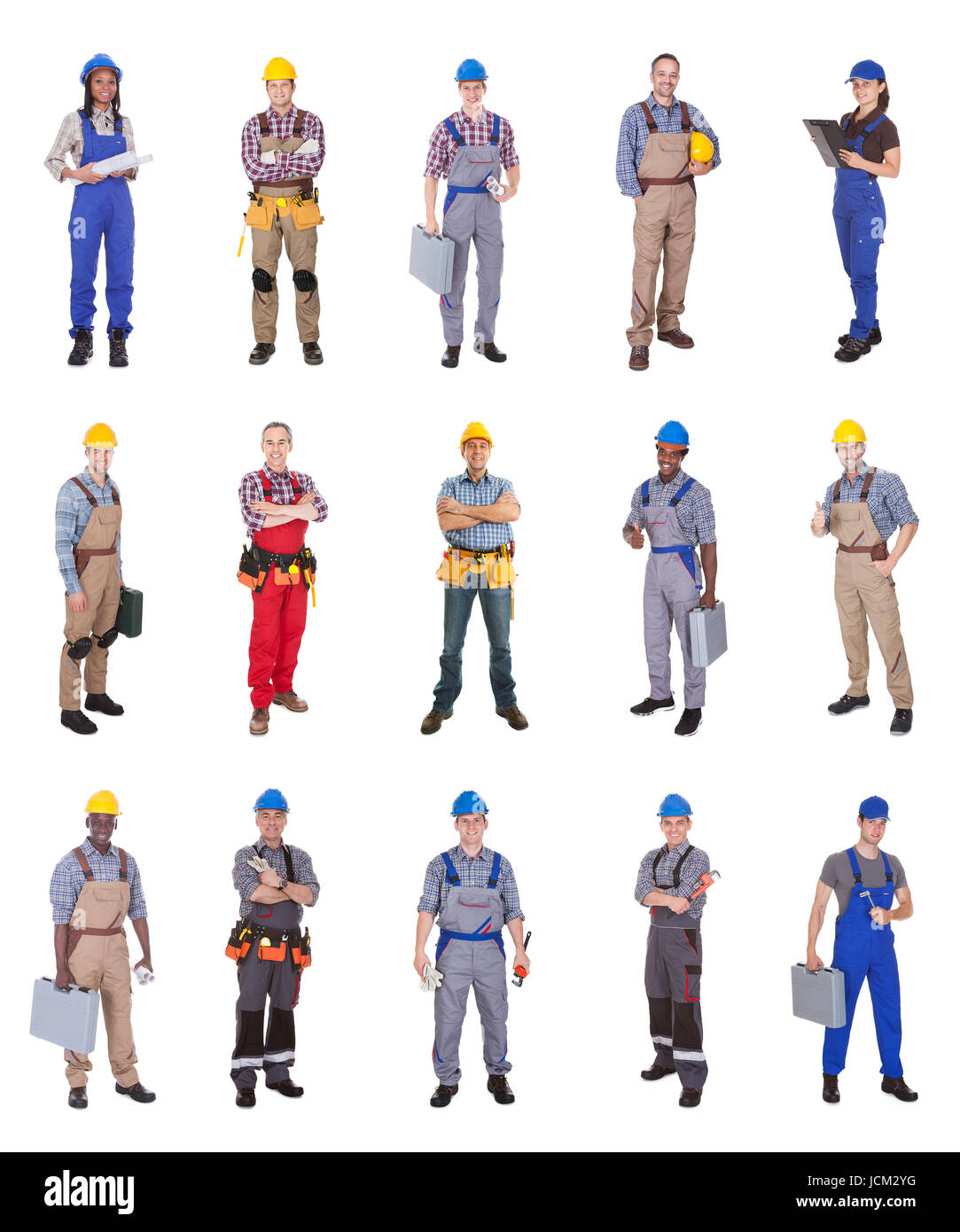 Full length of confident multiethnic engineers standing against white ...