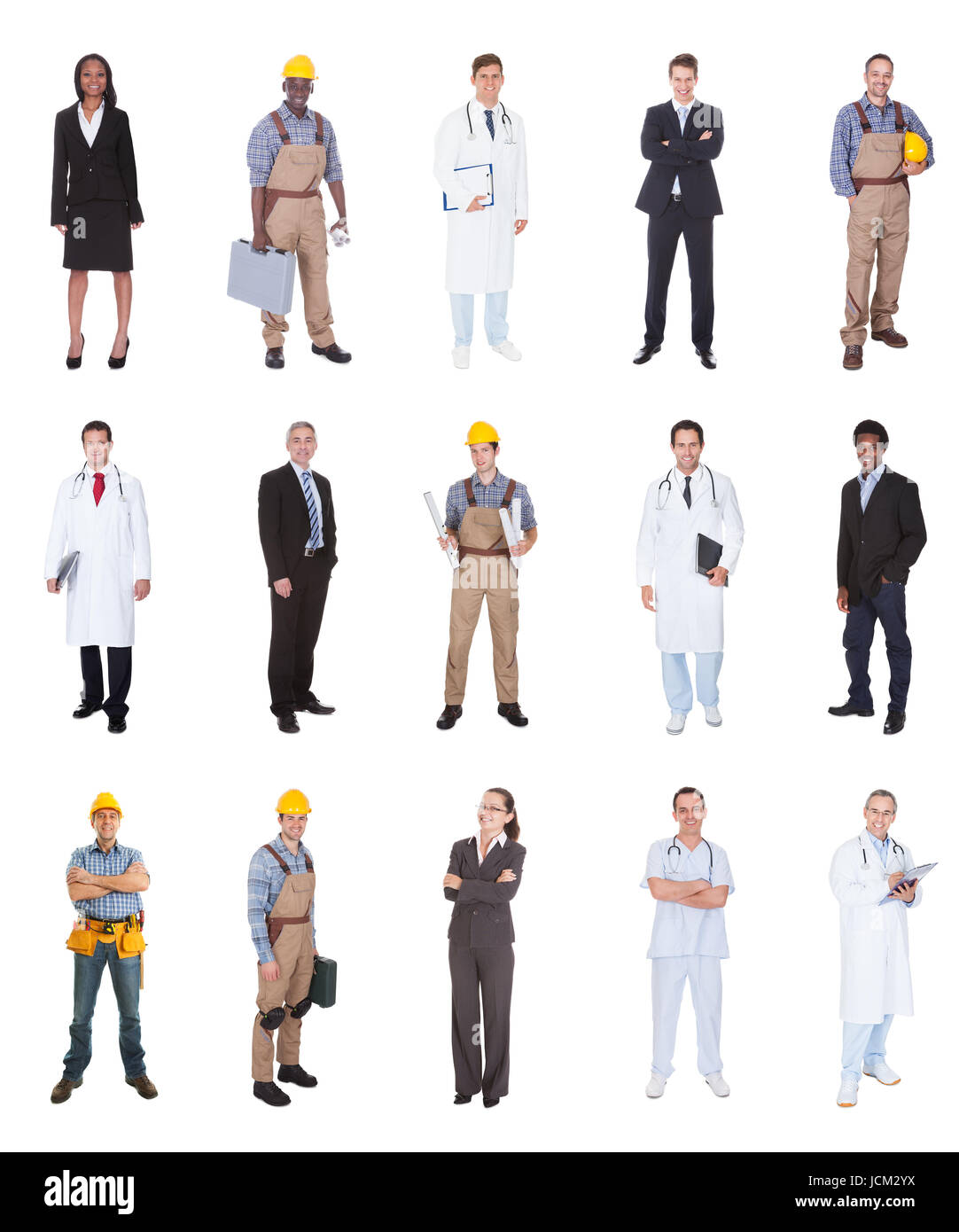 Collage of multiethnic people with various occupations standing against ...