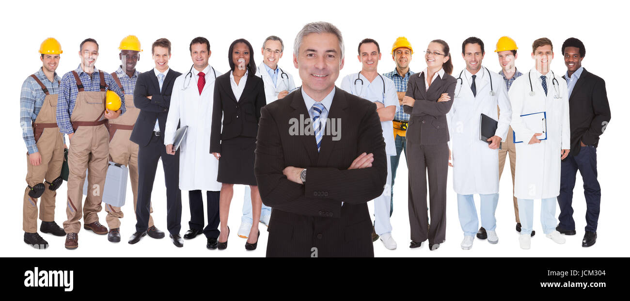 Full length of people with different occupations standing against white ...