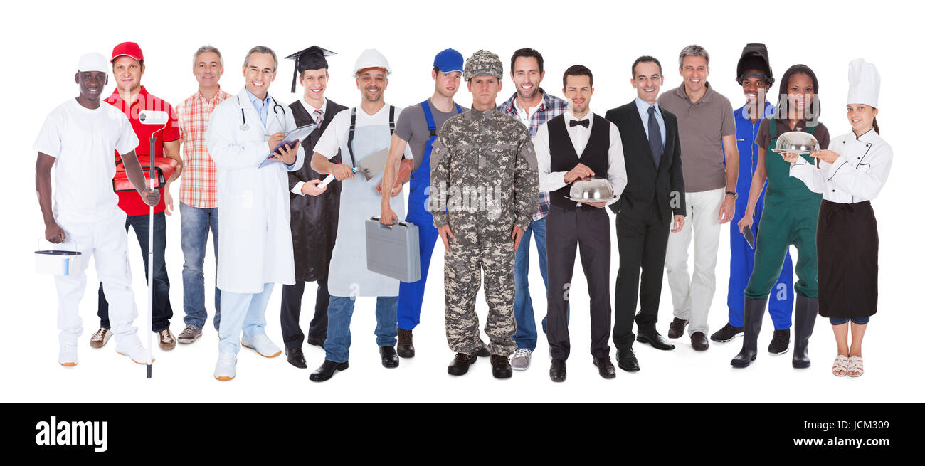 Full length of people with different occupations standing against white ...