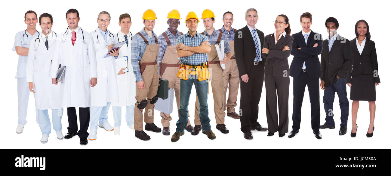 Full length of people with different occupations standing against white ...