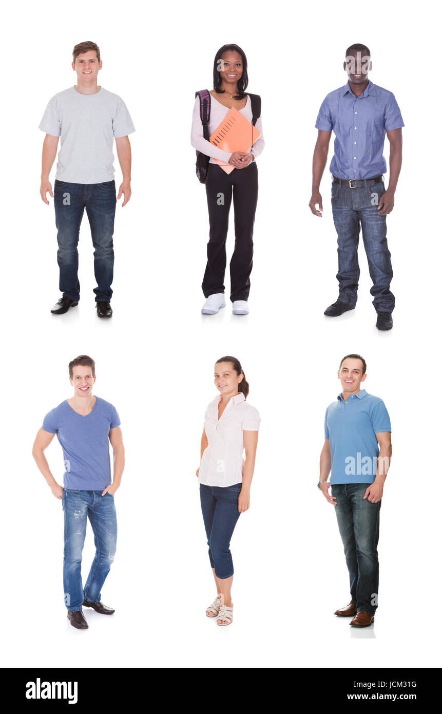 Collage of multiethnic fashion models and student over white background ...