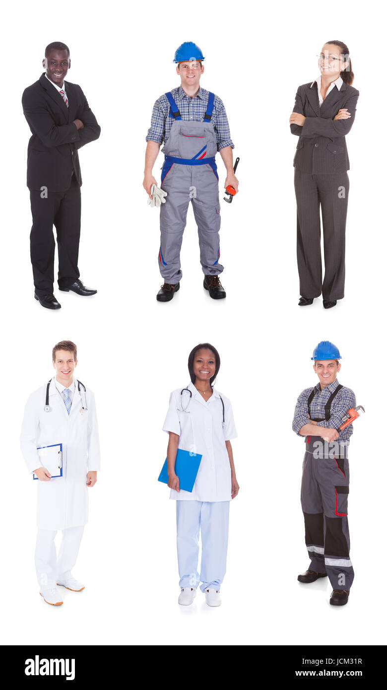 Collage of multiethnic people with diverse occupations standing against ...