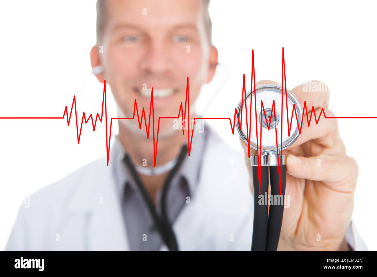 Happy doctor listening heartbeat through stethoscope on transparent ...