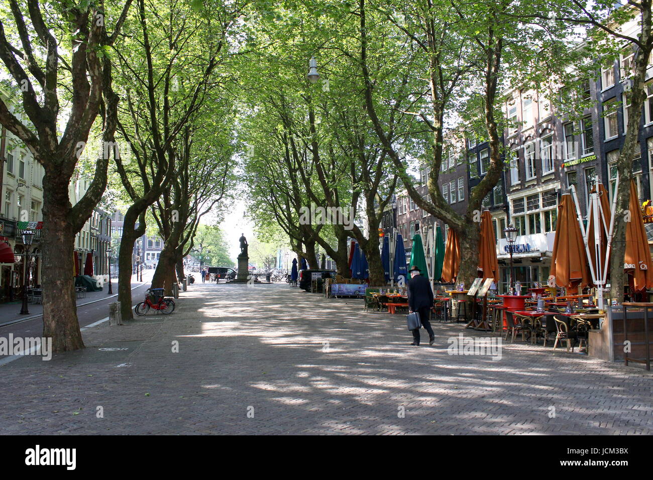 Springtime morning under the shaded trees of Thorbeckeplein, inner city ...