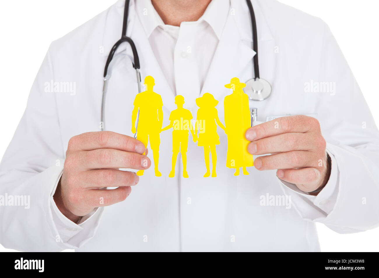 Midsection of male doctor holding paper chain family over white ...