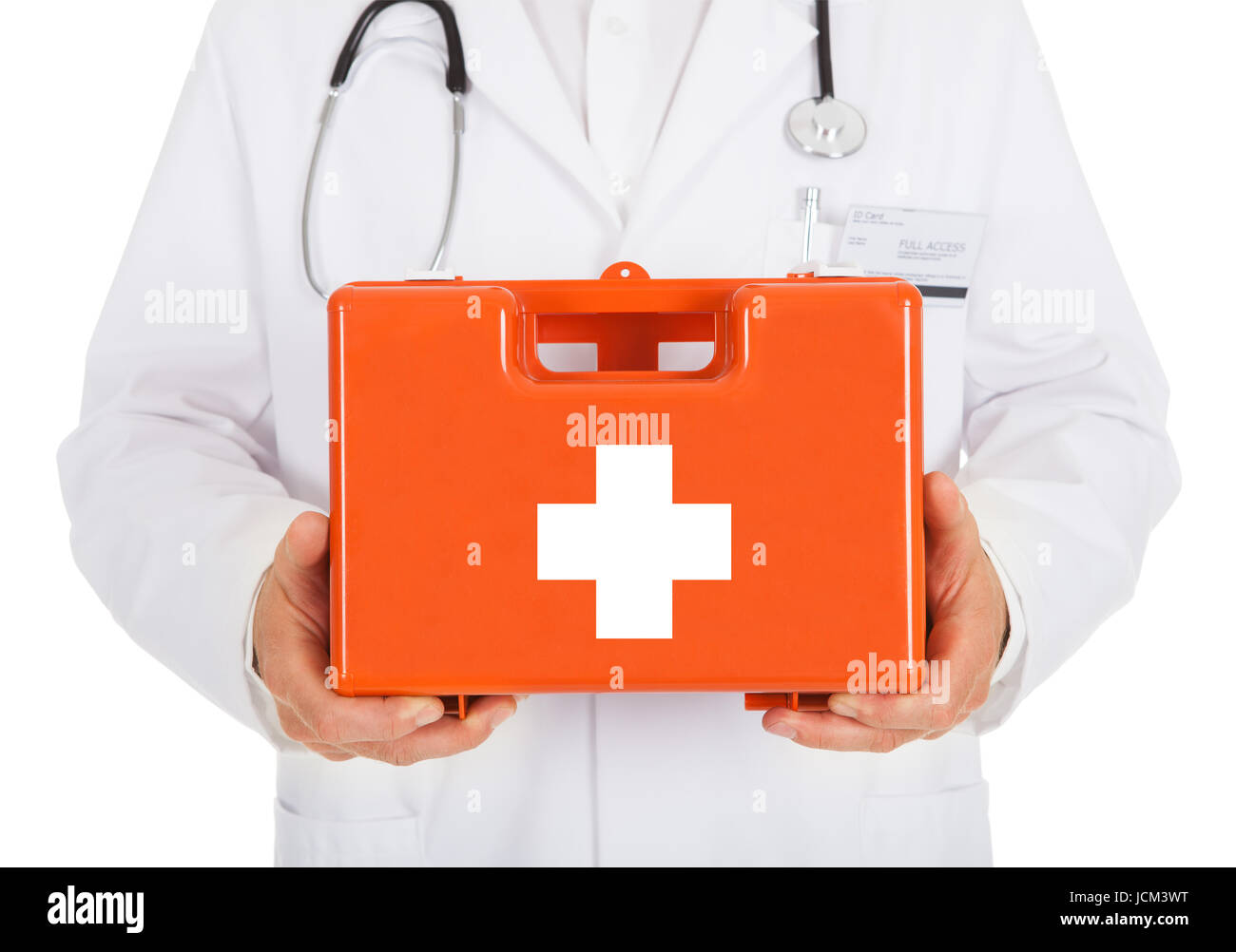 Midsection of male doctor holding first aid kit box over white ...