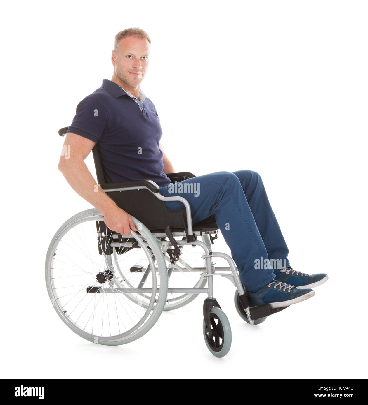 Full length portrait of disabled man on wheelchair over white ...