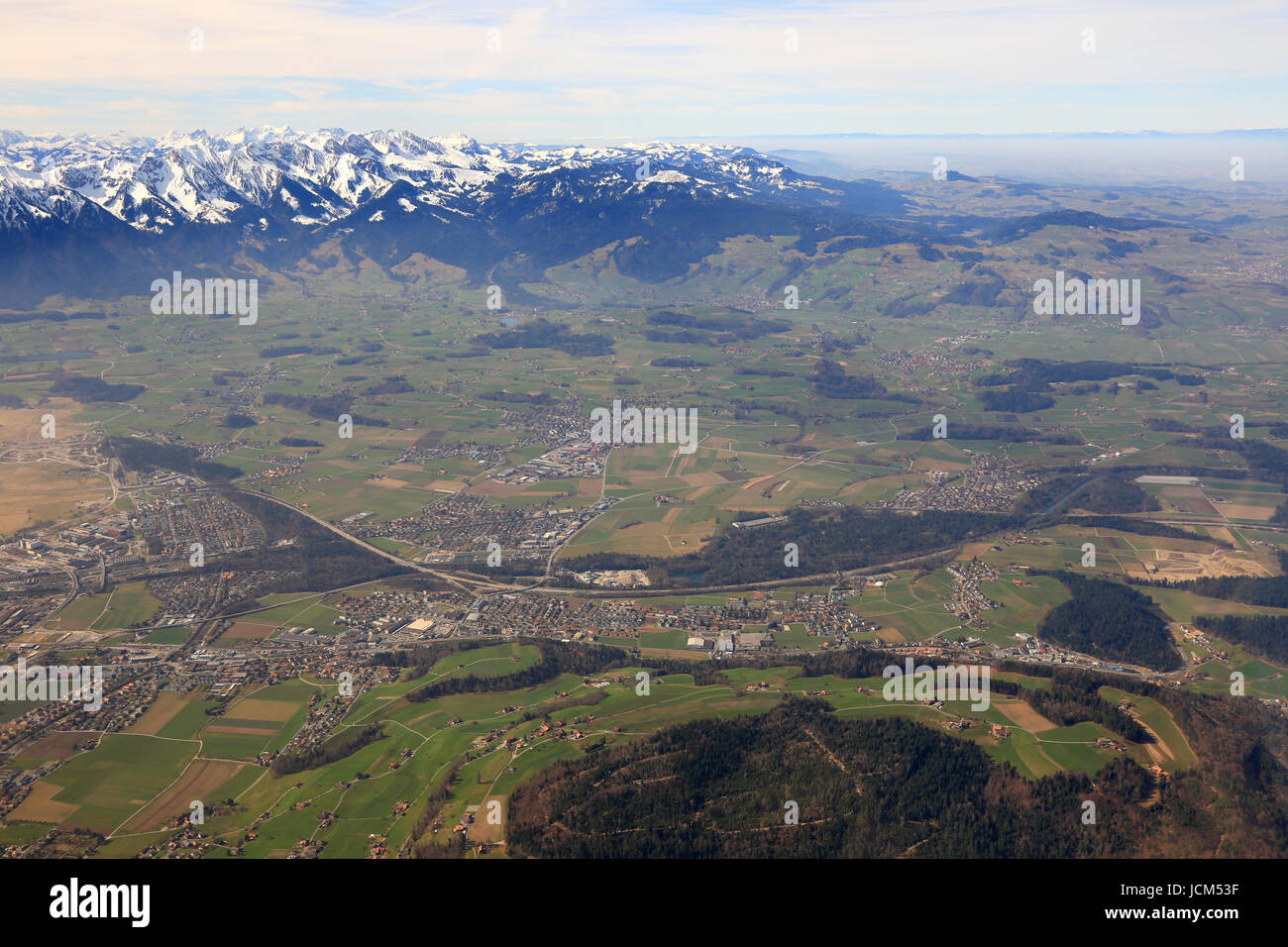 Heimberg near Thun with Alps mountains Switzerland aerial view ...