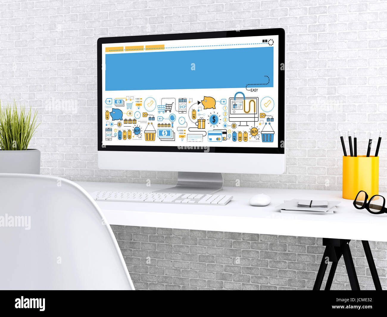 3D illustration. Modern workspace with computer. Technology and ...