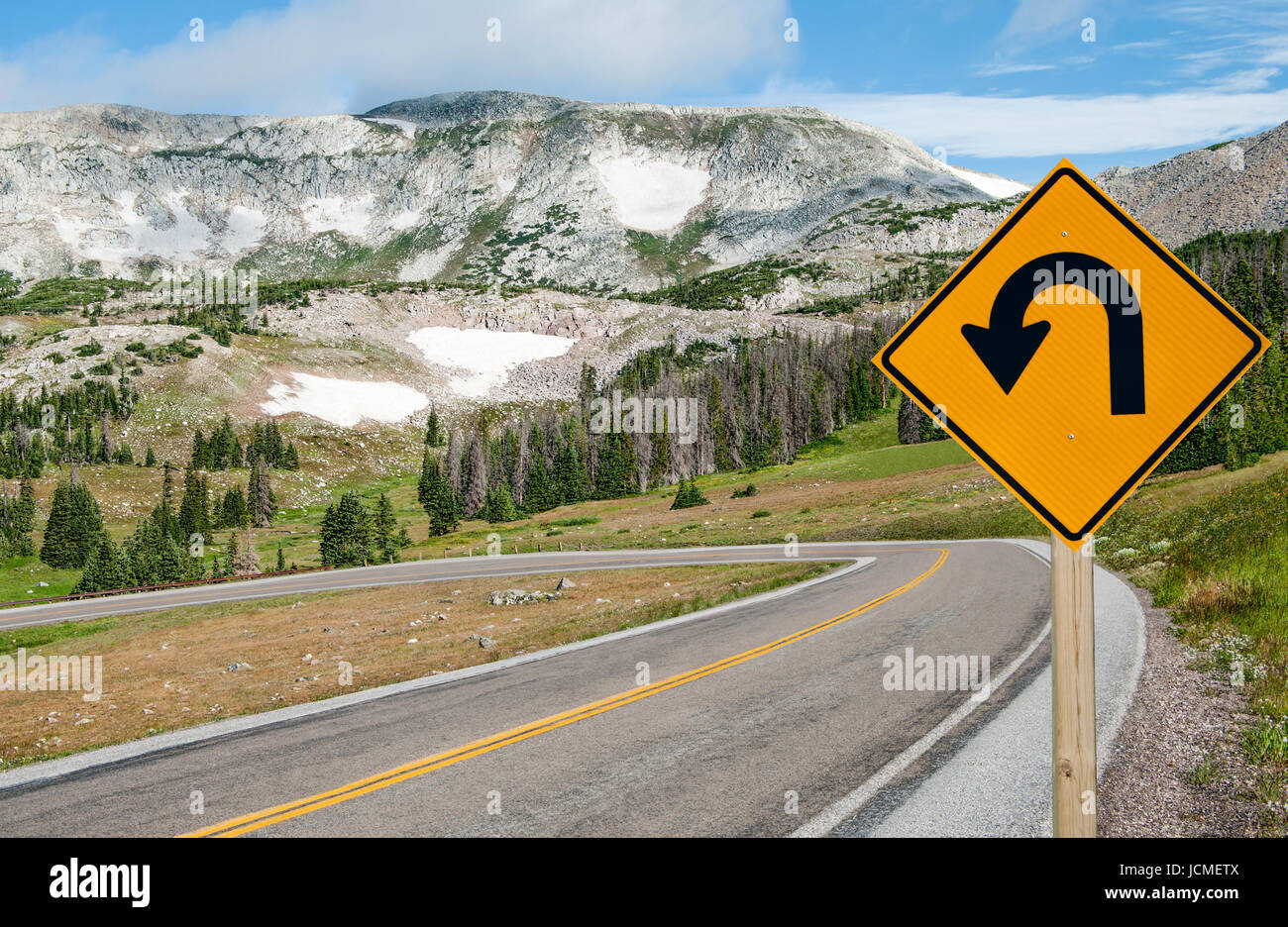 Warning sign sharp bend left hi-res stock photography and images - Alamy