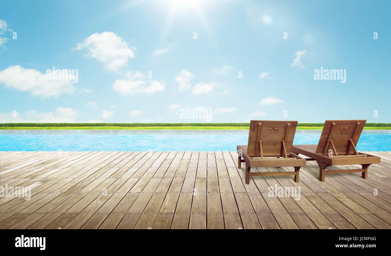 Empty wooden deck and chair with swimming pool , Beautiful minimalist ...