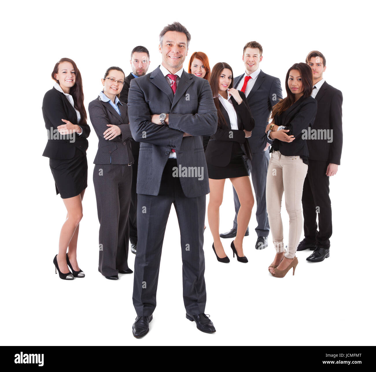 Senior business manager standing on front of his team. Isolated on ...