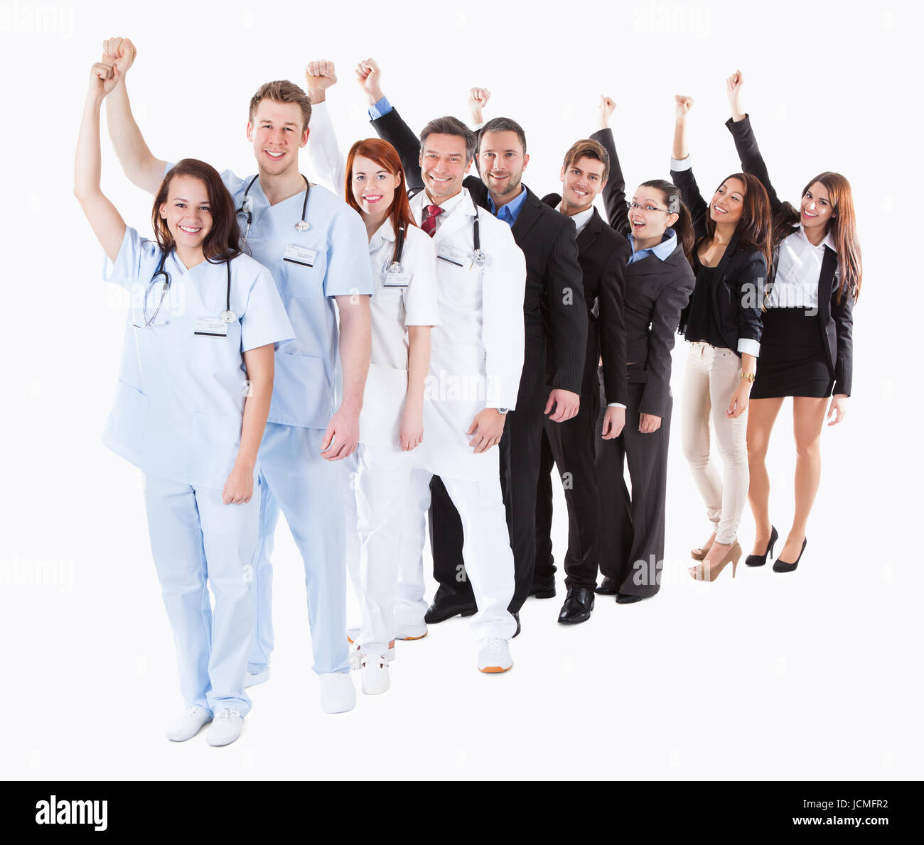 Doctors and managers cheering. Isolated on white Stock Photo - Alamy