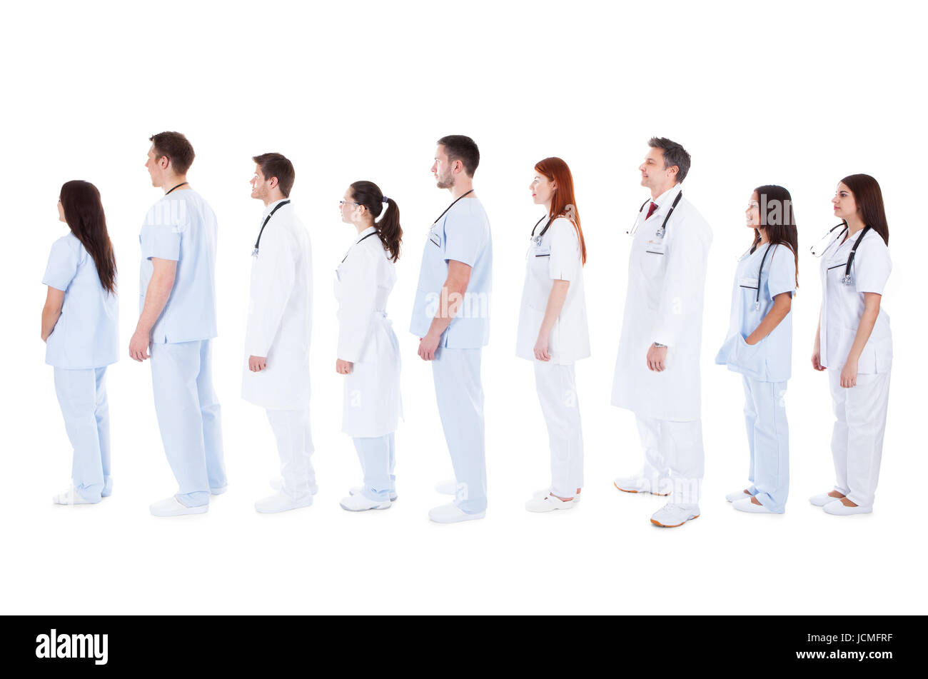 Large diverse group of medical staff in white uniforms with ...