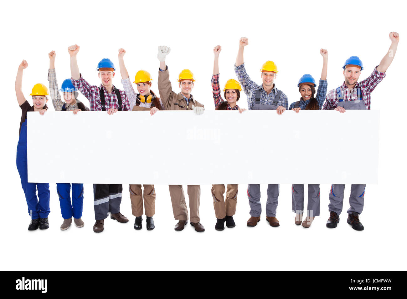 Group of diverse skilled motivated workmen and women standing in a line ...