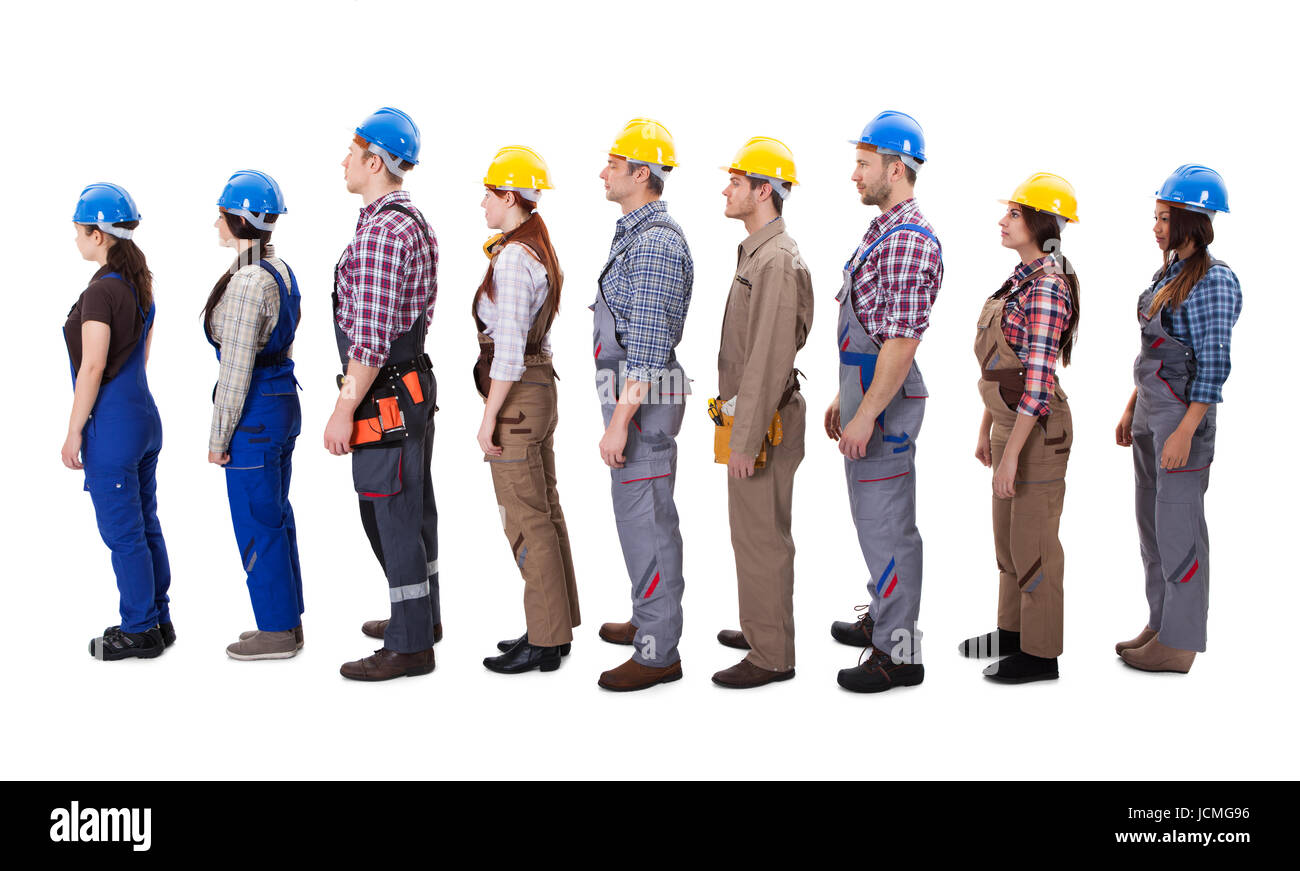 Construction workers standing in queue. Isolated on white Stock Photo ...