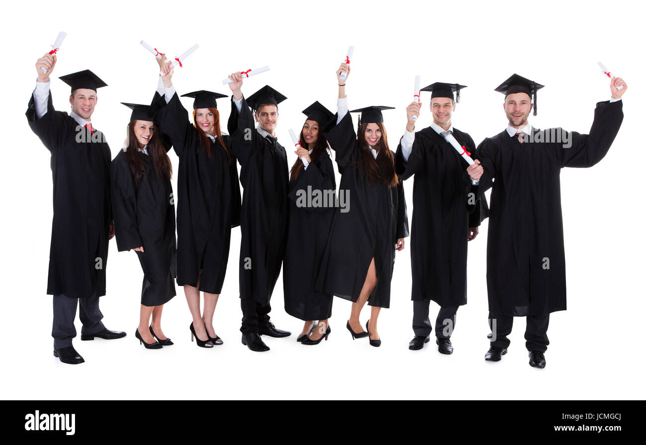 Graduate students raising hands. Isolated on white background Stock ...