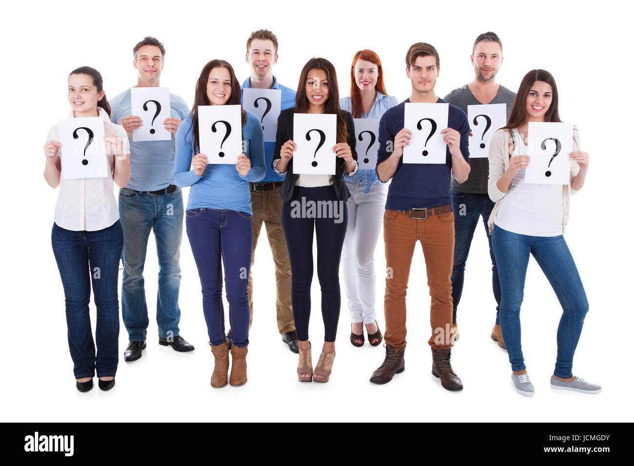 Diverse group of people holding question signs. Isolated on white Stock ...