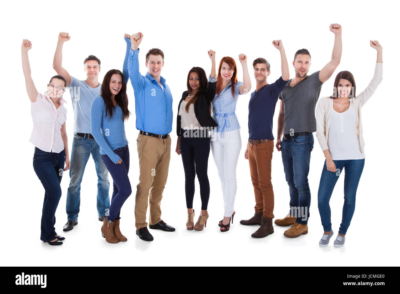 Group of diverse people raising arms. Isolated on white Stock Photo - Alamy