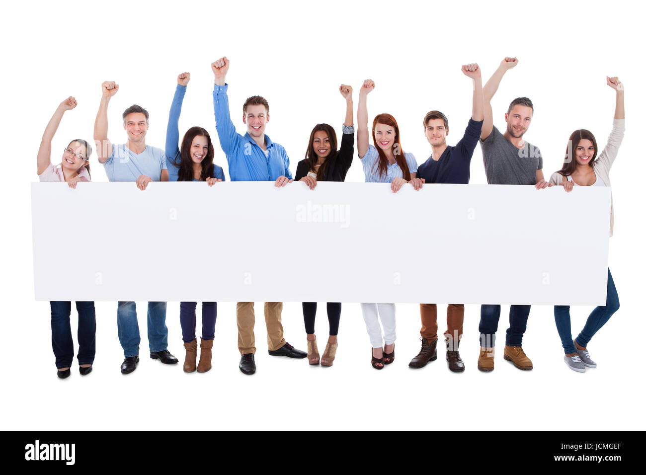 Excited group of diverse people holding banner. Isolated on white Stock ...