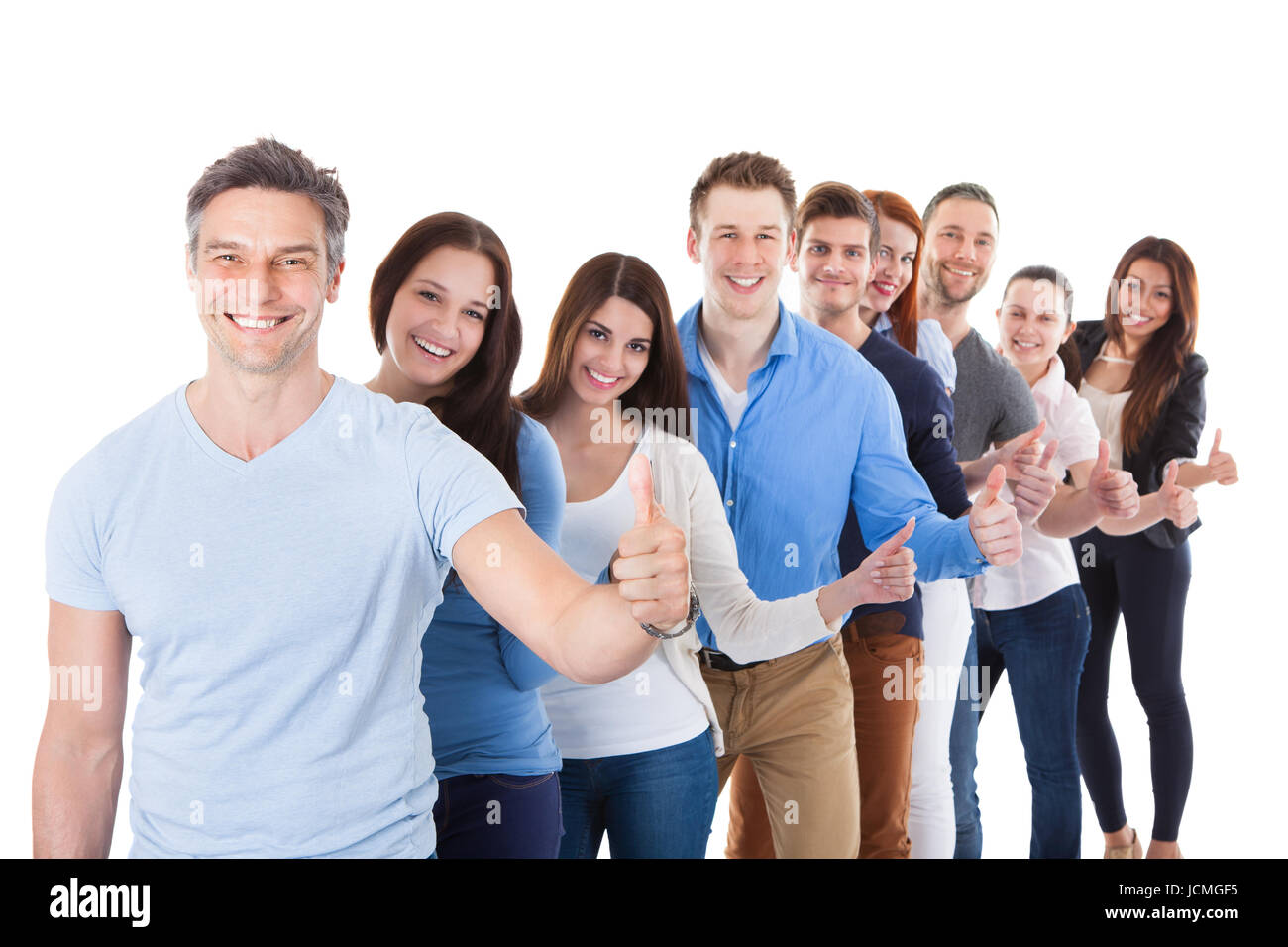 Diverse group of people standing in row and showing thumbs up. Isolated ...