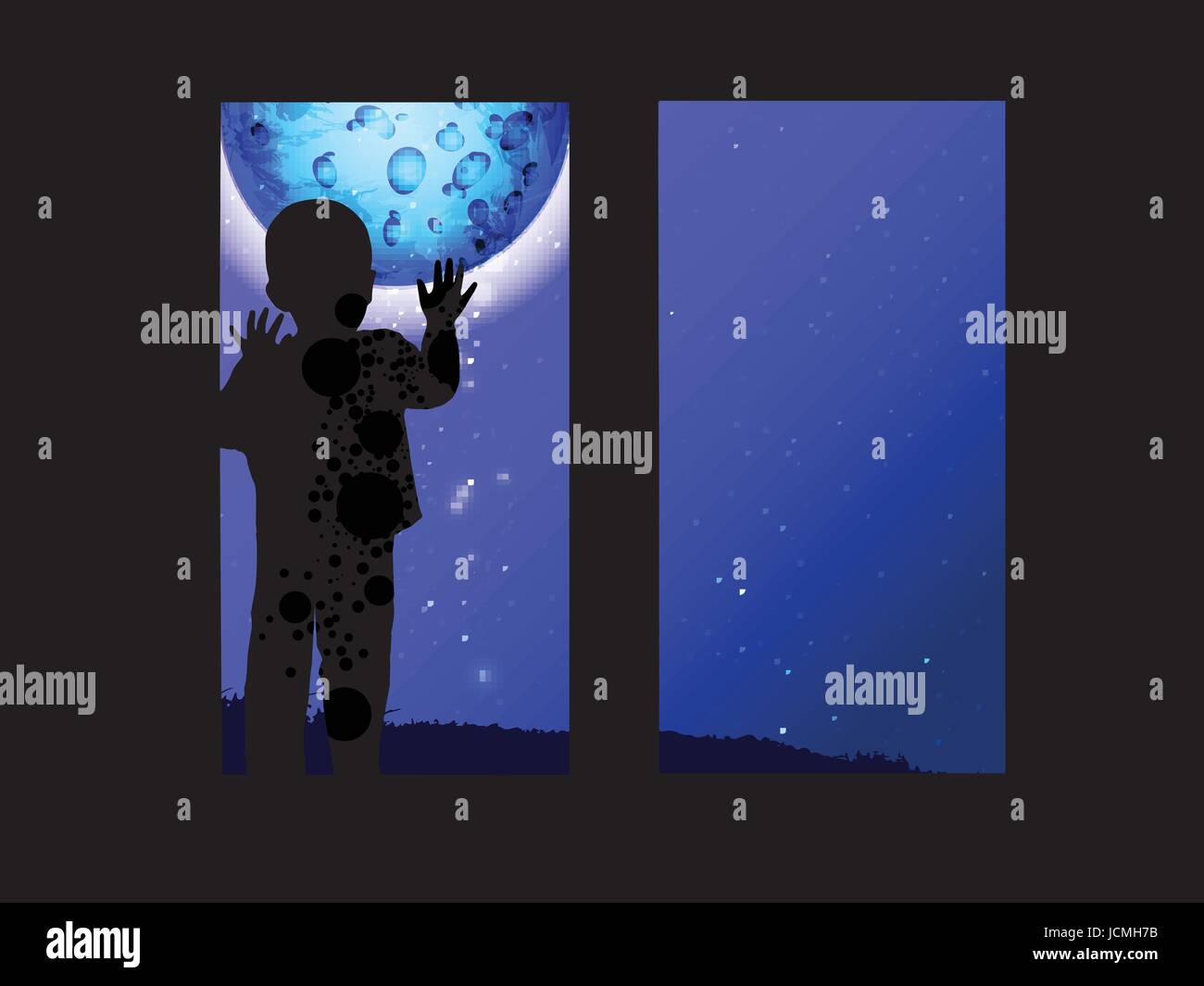 Space and a child looking out the window at the moon. An illustration ...