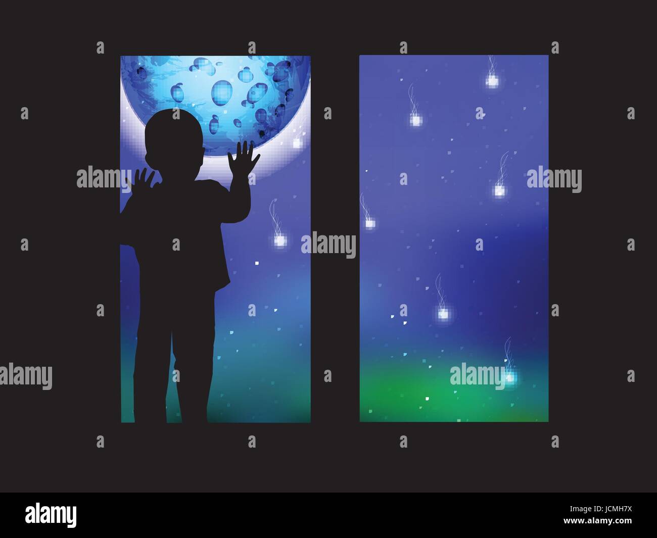 Space and a child looking out the window at the moon. An illustration ...