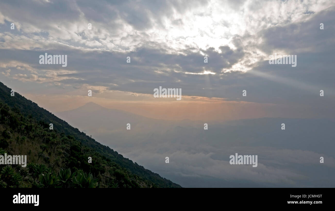 Sunrise over Mikeno Mountain, viewed from the crater rim of Nyiragongo ...