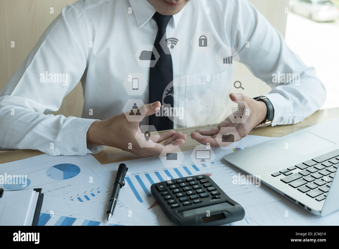 young businessman showing explaining gesture. male accountant doing ...