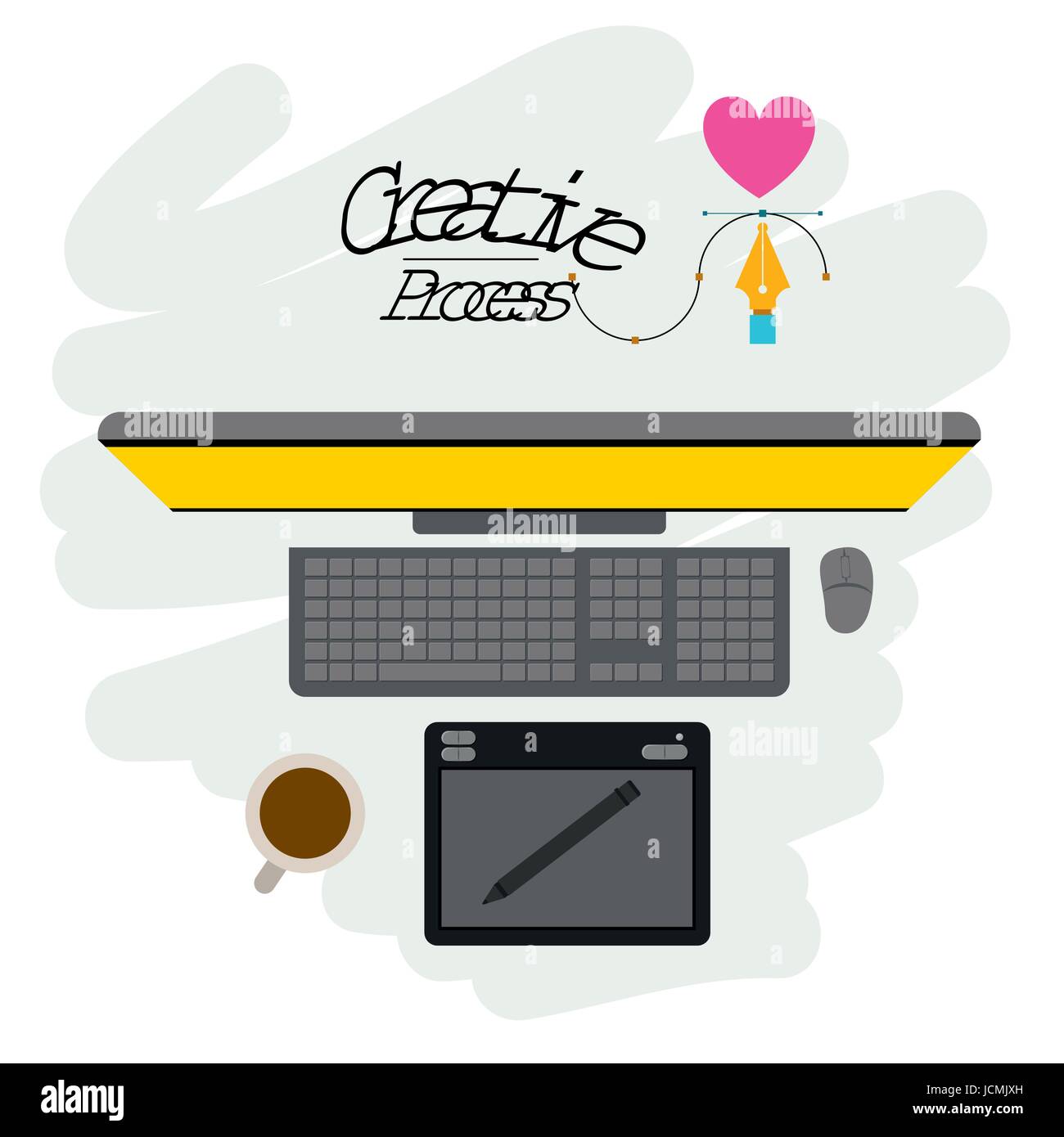 colorful background with top view desktop computer and designers ...