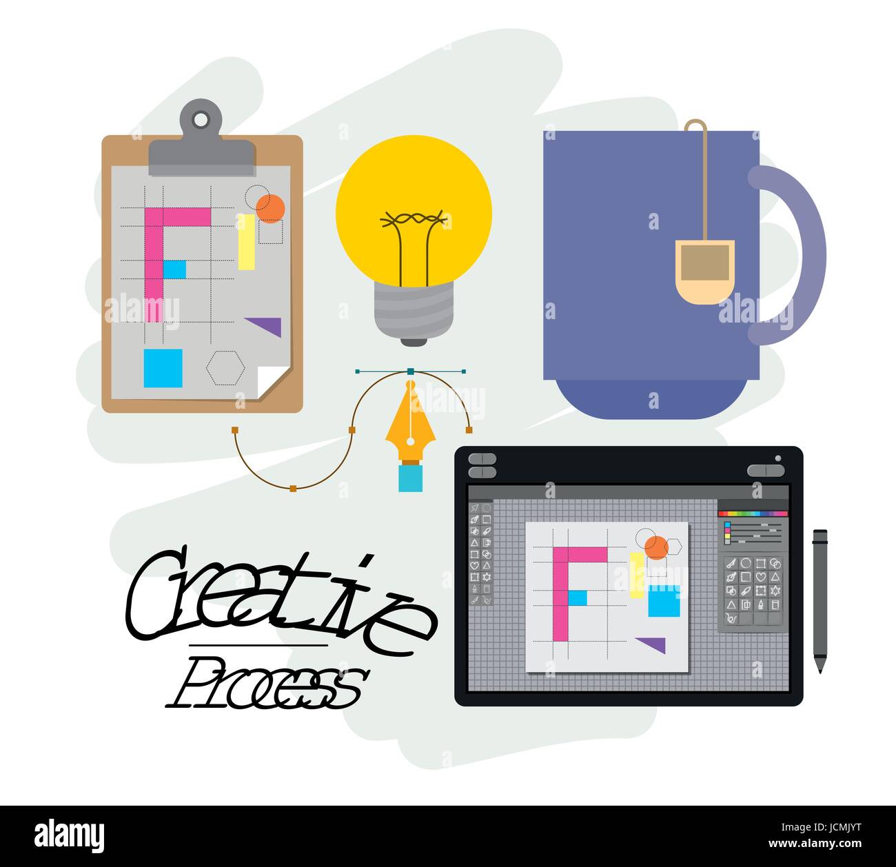 colorful background with elements of creative process and designers ...