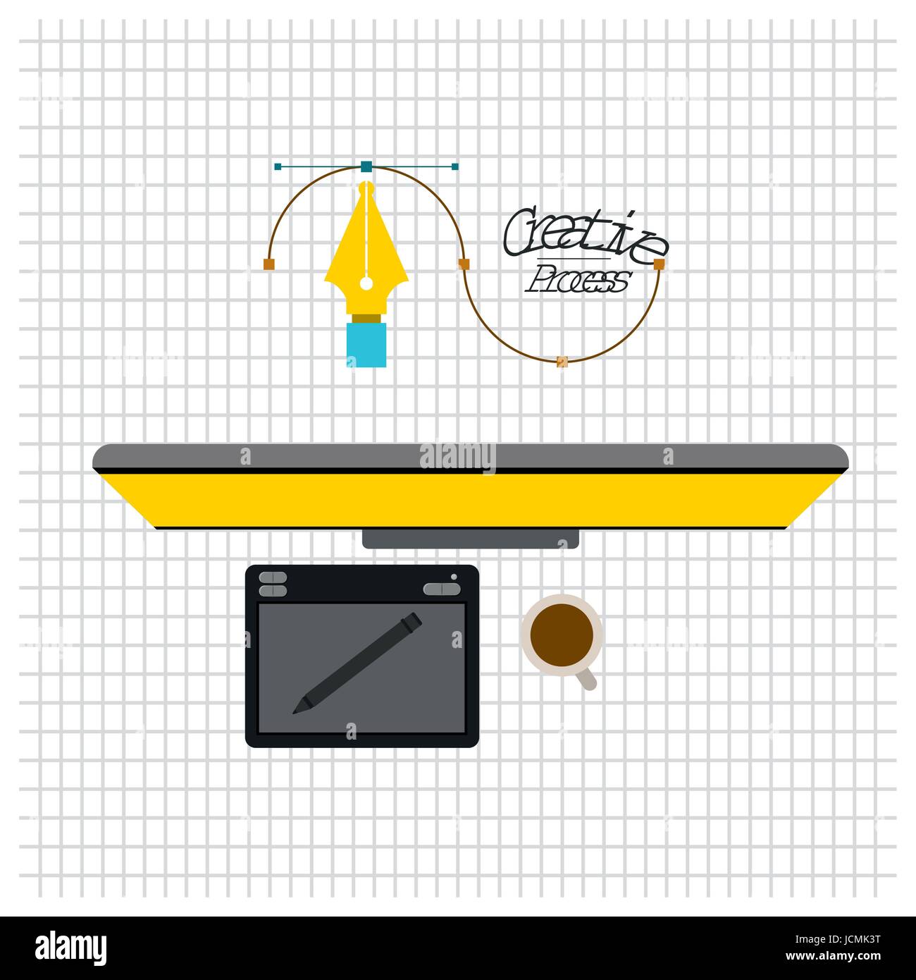 grid background with top view desktop computer and designers graphic ...