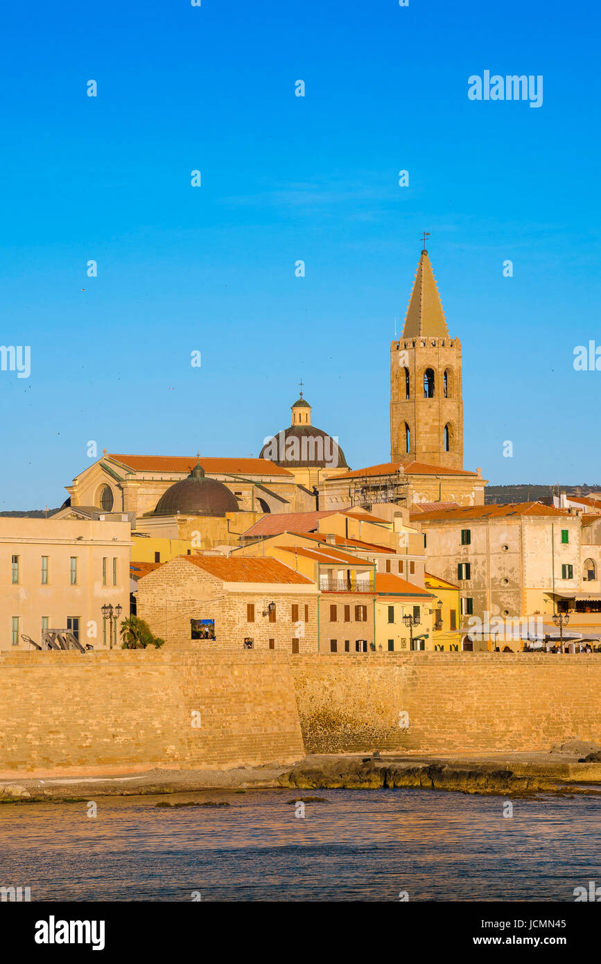 Alghero cityscape, view of the skyline and the huge sea wall - or ...