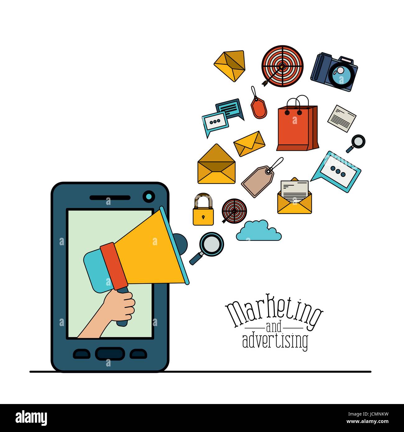 white background with smartphone and megaphone with elements web ...