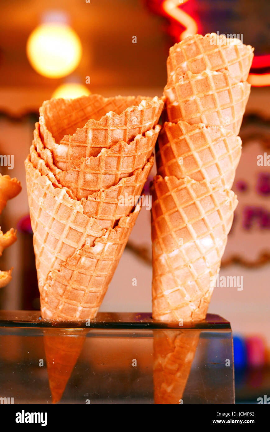 Rack of ice cream cones in ice cream parlour on Blackpool Promenade ...
