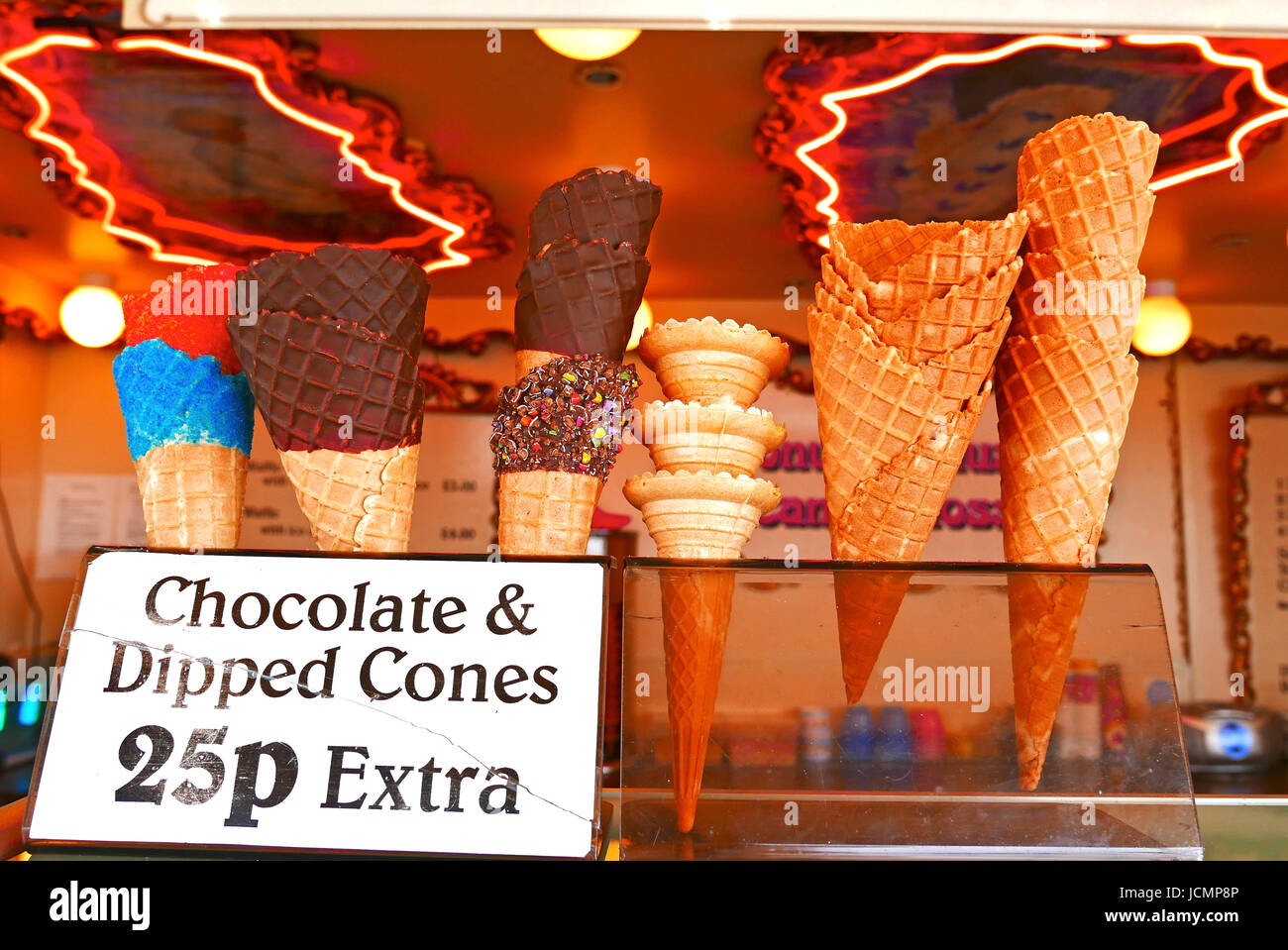 Rack of ice cream cones in ice cream parlour on Blackpool Promenade ...