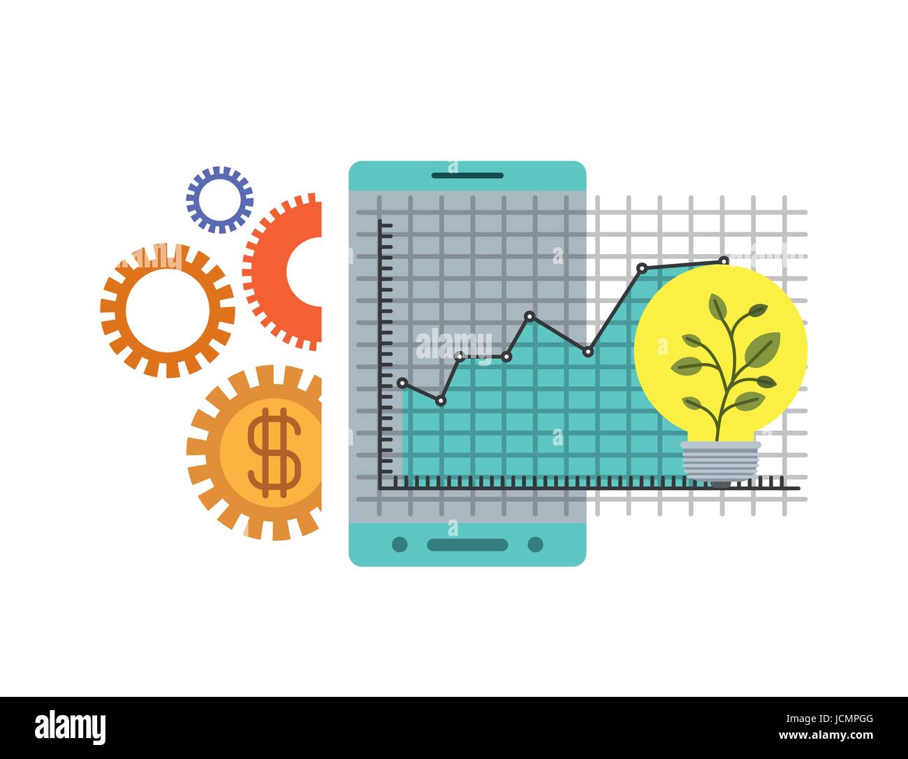 white background with colorful smartphone and grid with graphics growth ...