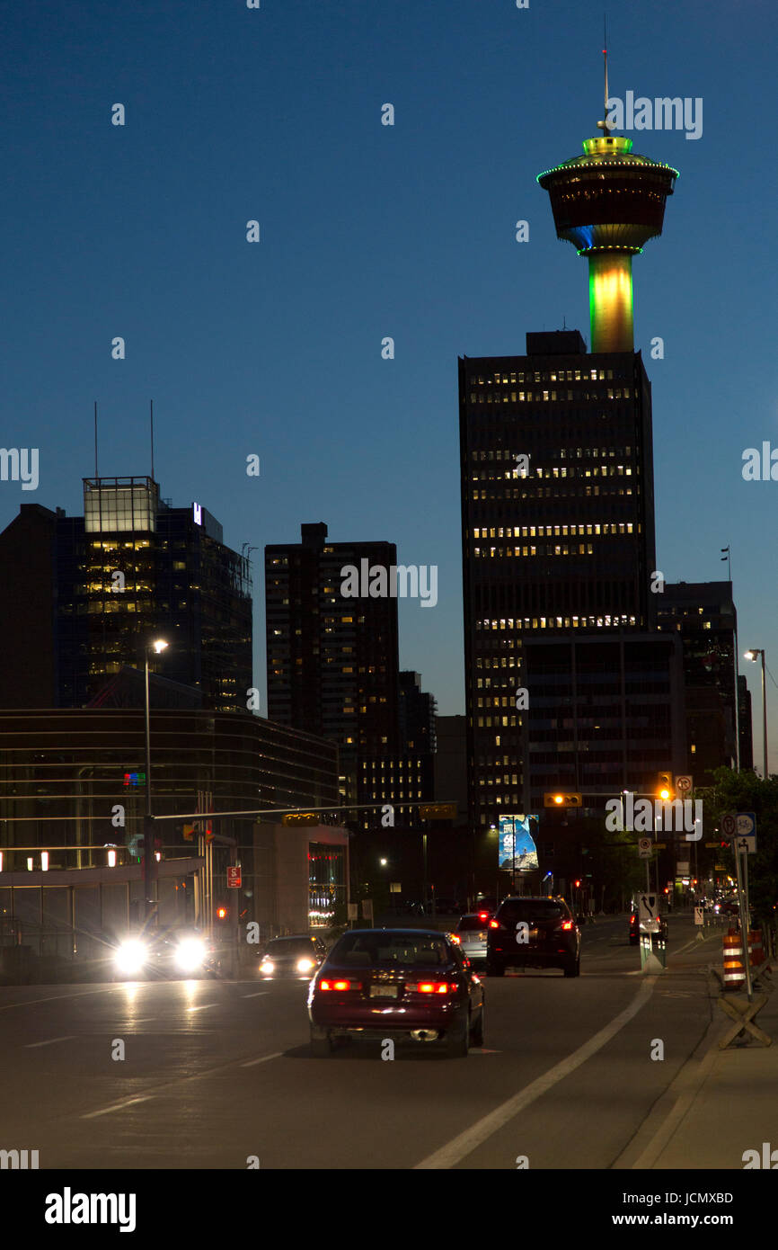 Night in Calgary, Canada. The Calgary Tower stands in the downtown ...