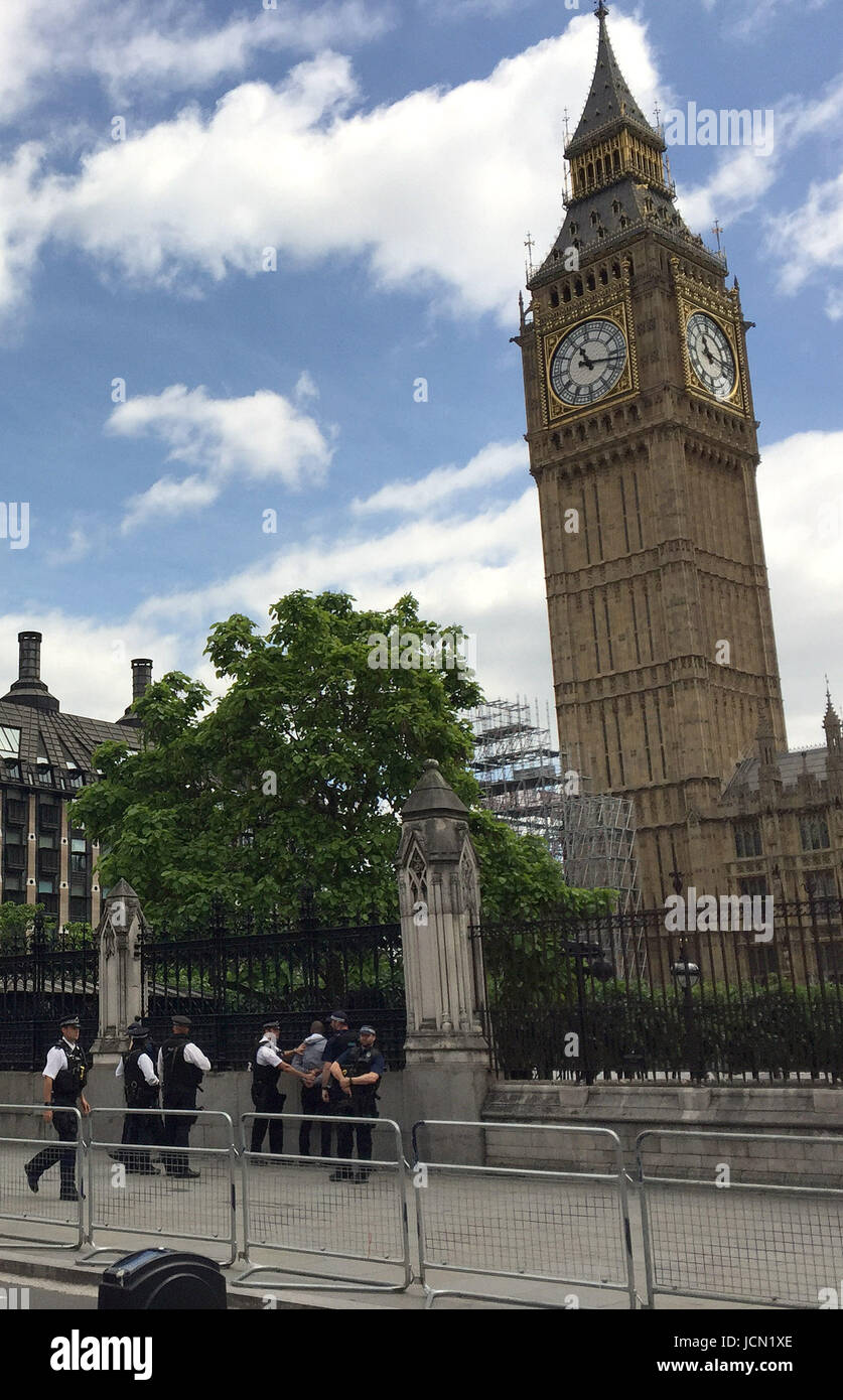 Police detain a man outside the Palace of Westminster, London Stock ...