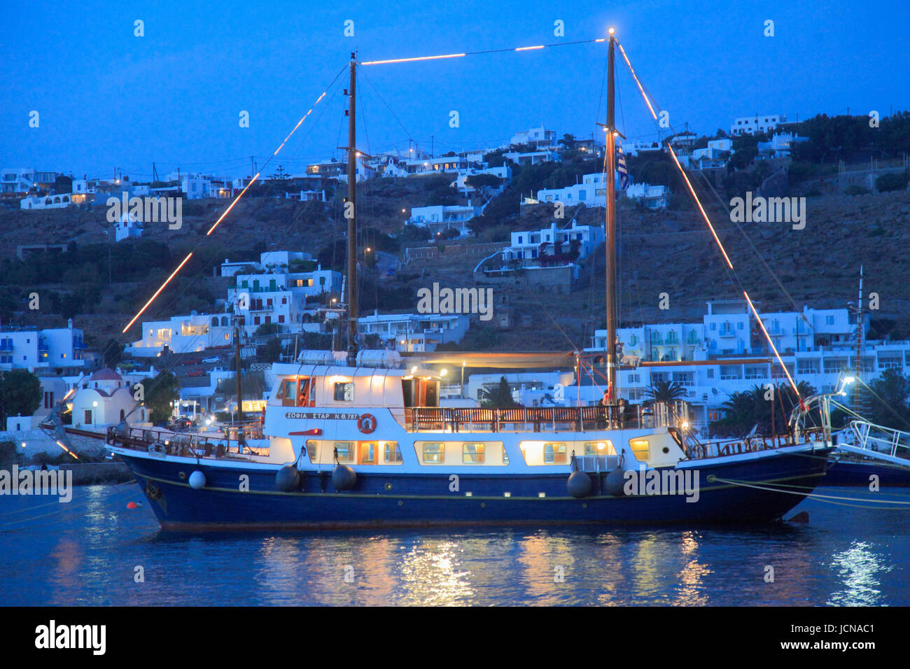 Greece, Cyclades, Mykonos, harbour, sailing ship Stock Photo - Alamy