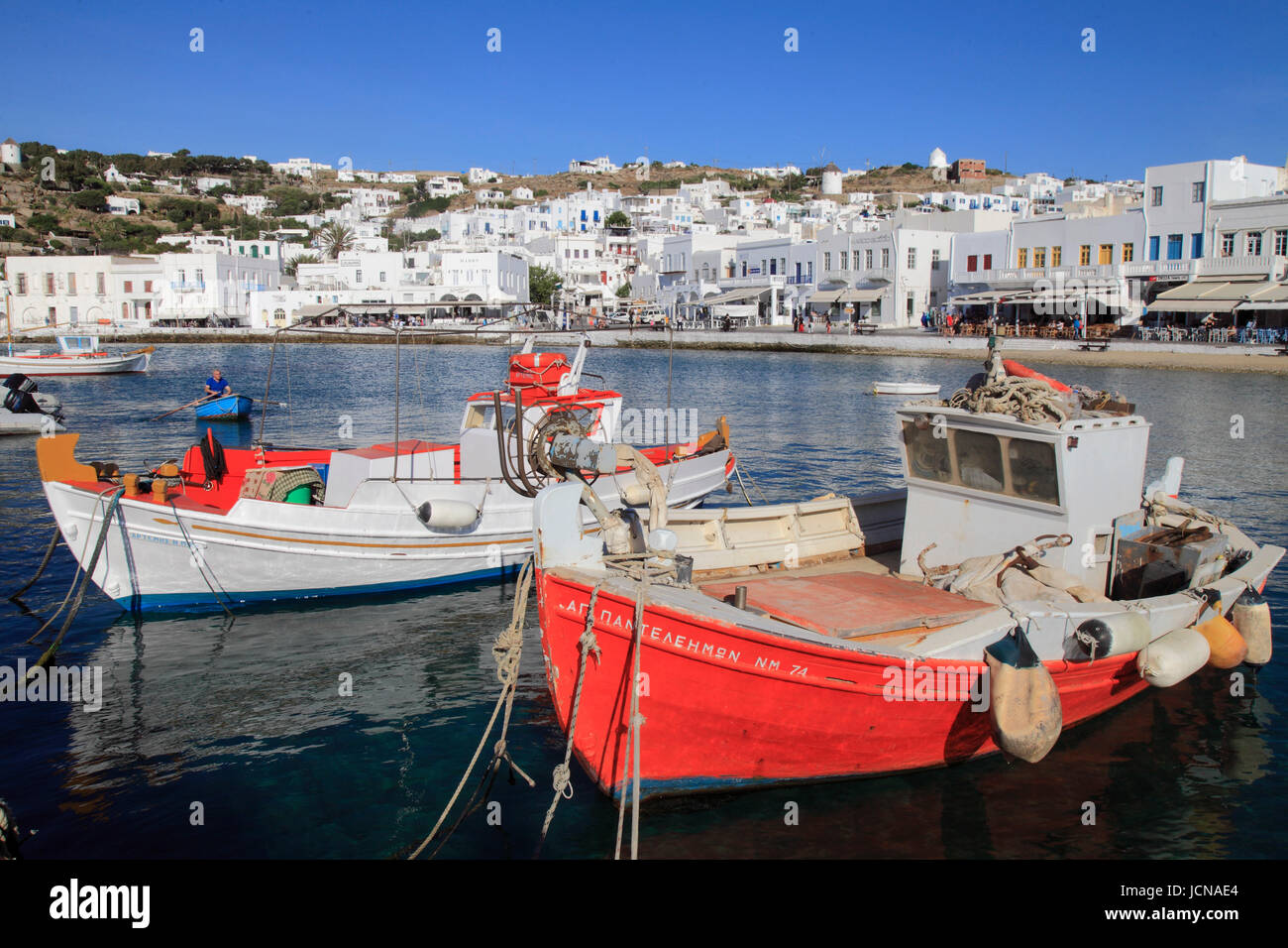 Greece, Cyclades, Mykonos, Hora, harbour, fishing boats Stock Photo - Alamy