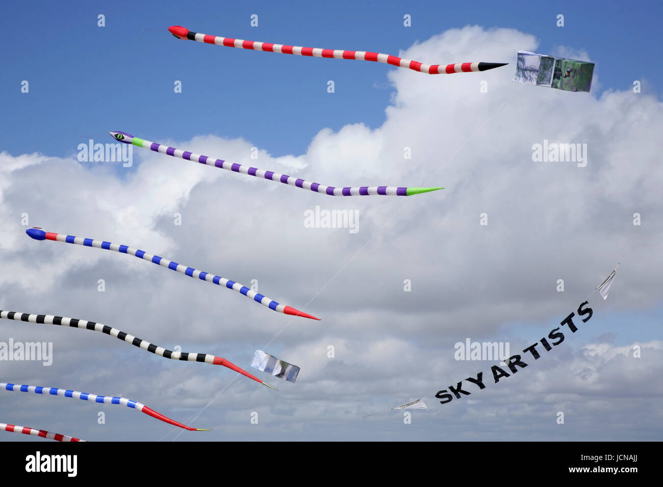 Long multi-coloured kites flying Stock Photo - Alamy