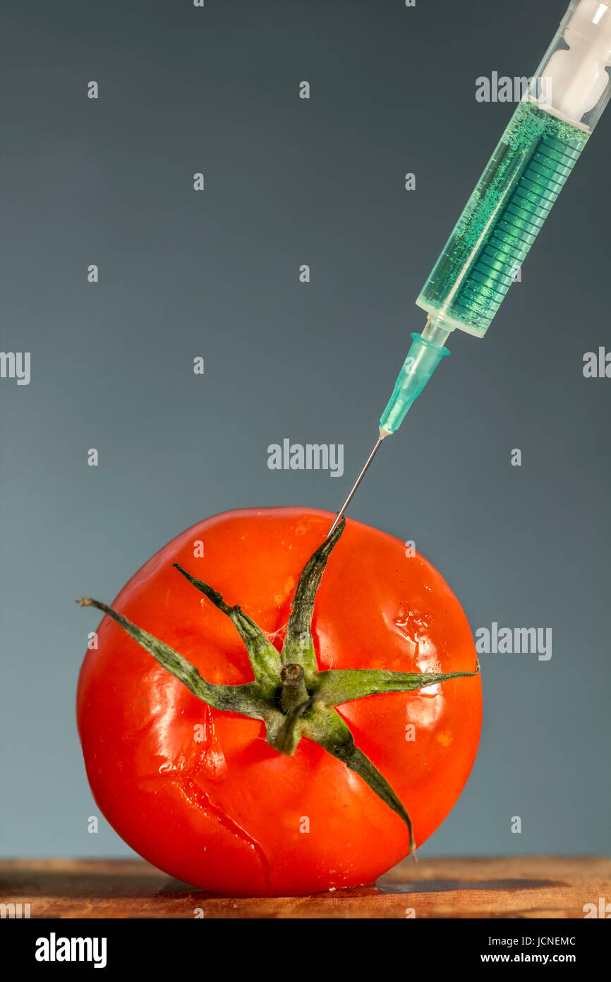 Hypodermic needle injecting a bright green substance into a red tomato ...