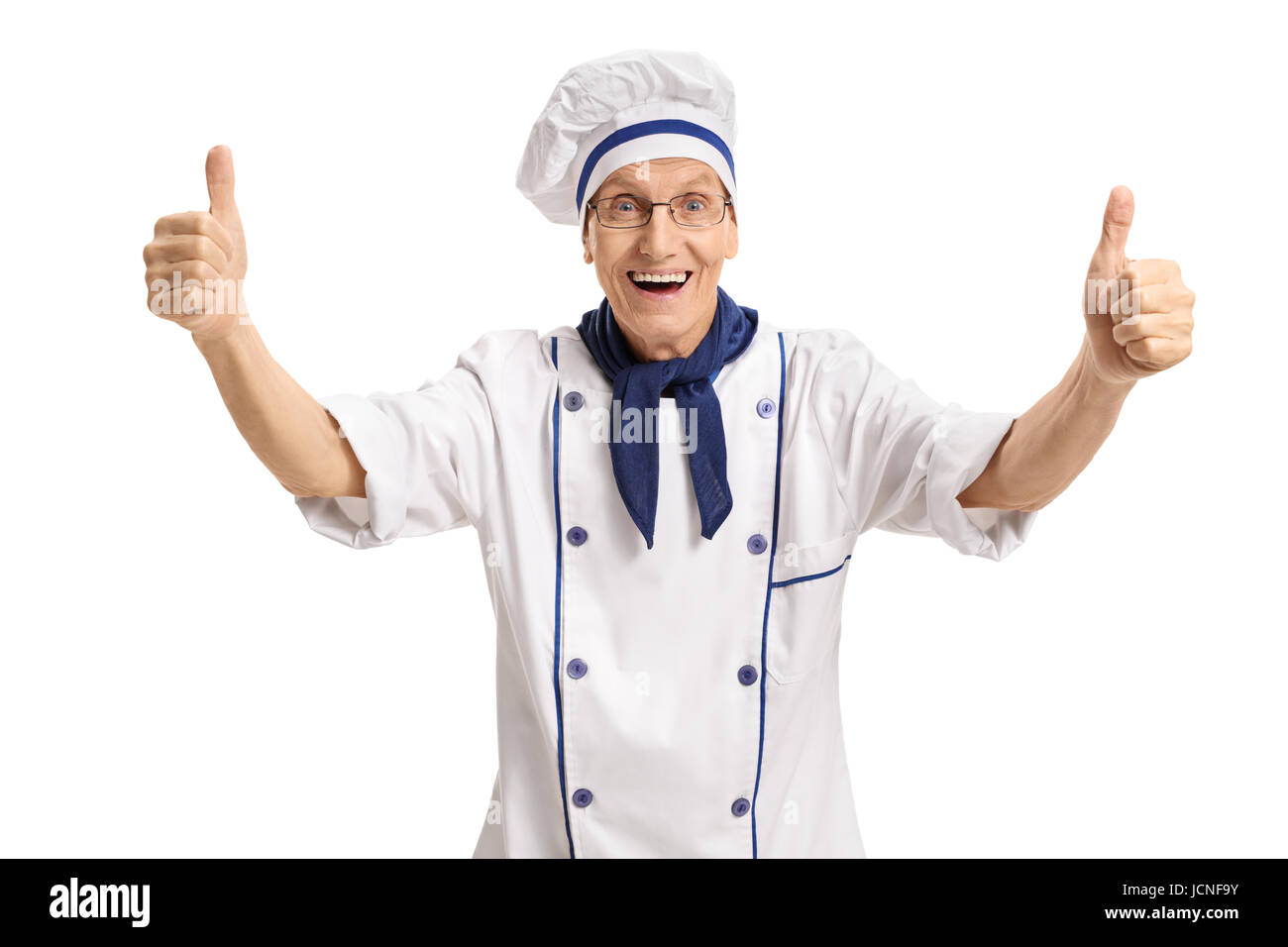 Overjoyed chef giving holding his thumbs up isolated on white ...