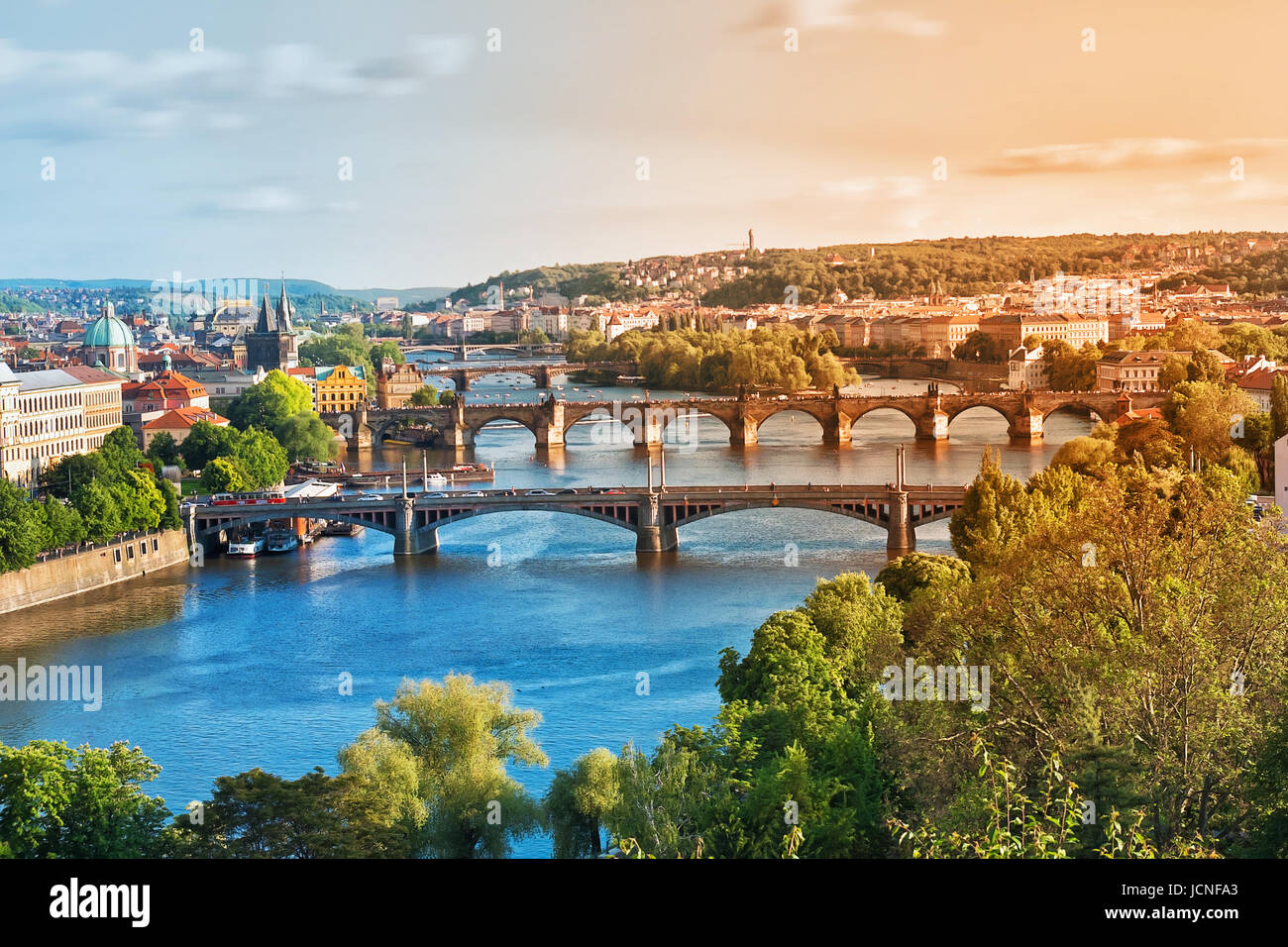 Prague Bridges in the Summer on the Sunset. Czech Republic Stock Photo ...