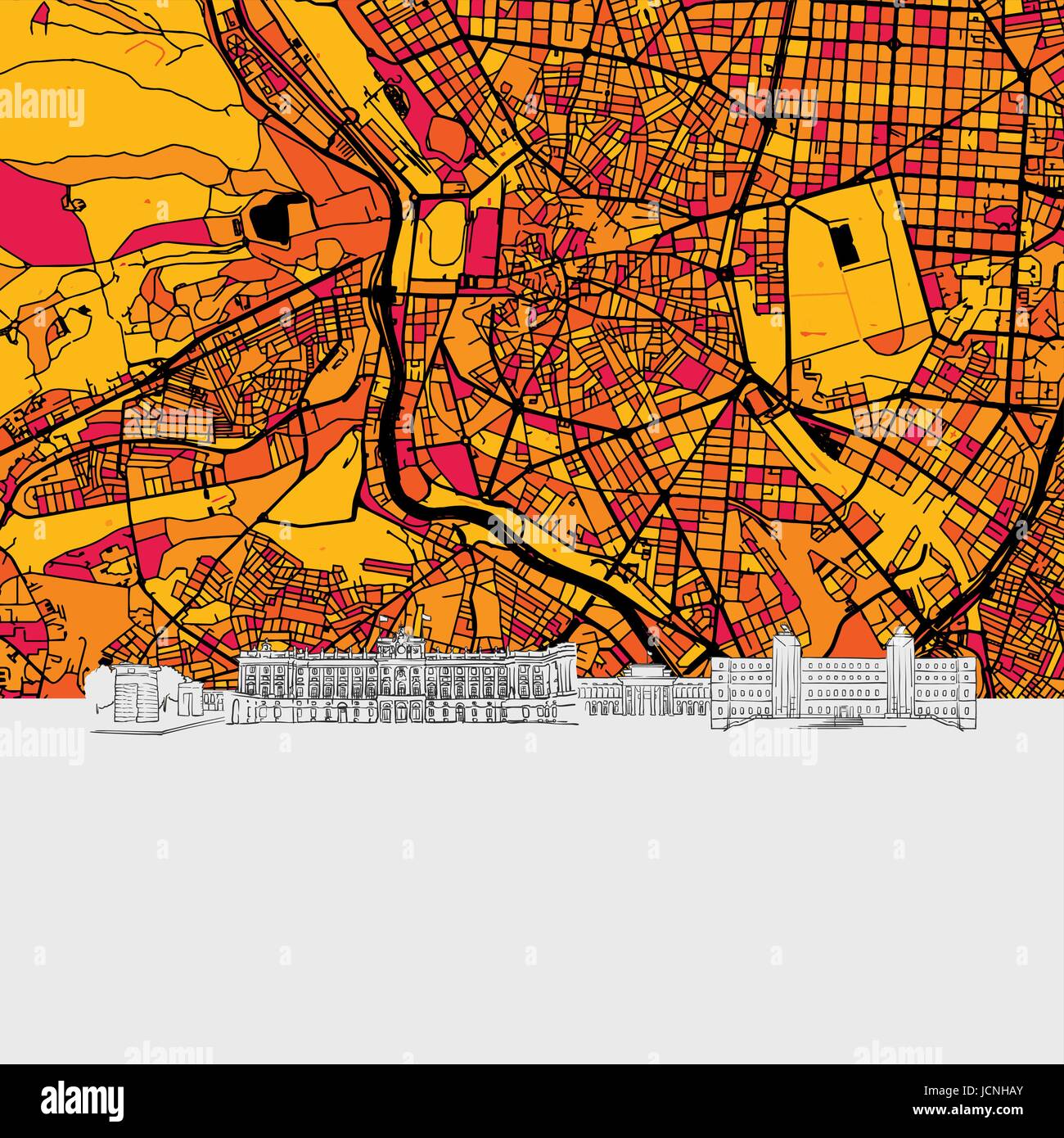 Madrid, Spain, Skyline Map, Modern Colourful Art Print with Historic Cityscape Landmarks Stock ...