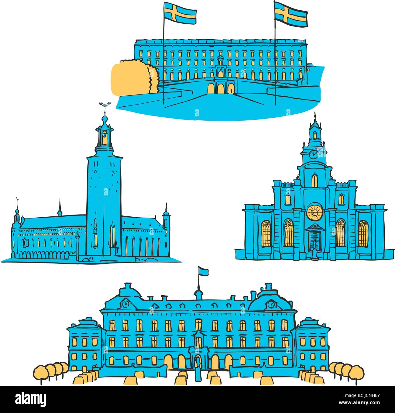 Stockholm Colored Landmarks, Scalable Vector Monuments. Filled with ...